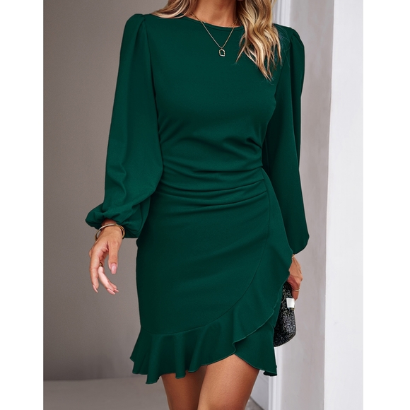 Lovely Rosetta | Dresses | Green Ruched Ruffle Dress | Poshmark